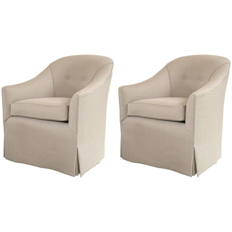 Midcentury Linen Club Chairs on Casters, Pair at 1stDibs