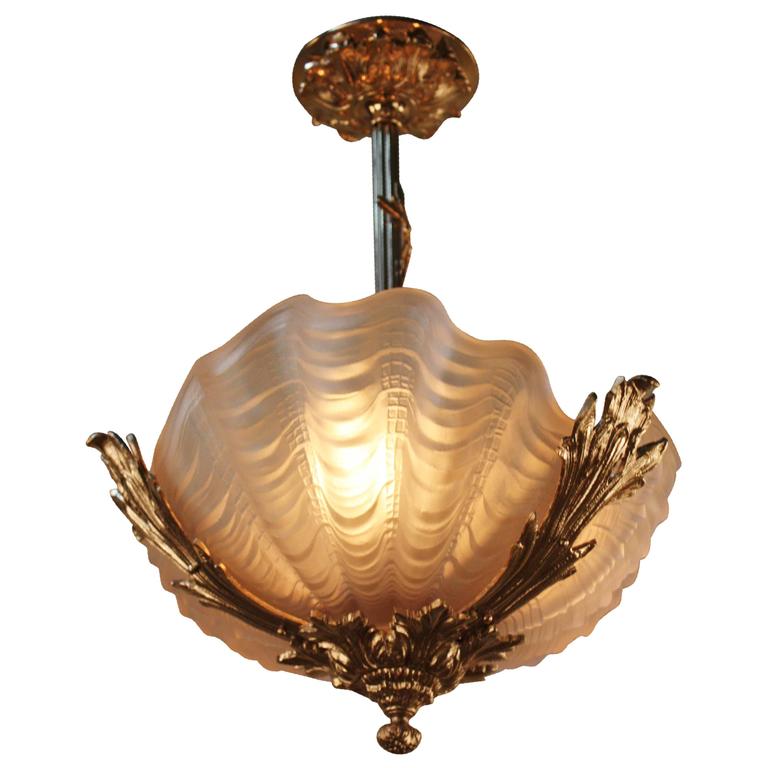 French Art Deco Chandelier with sea shell glass shades at 1stDibs
