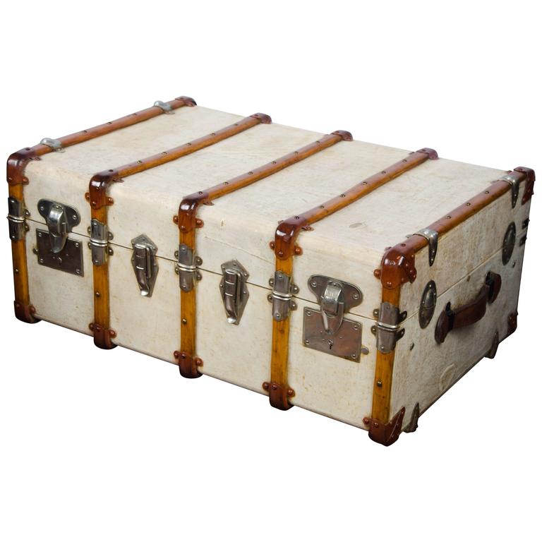 English 1935-40 wood and white vellum leather trunk at 1stDibs