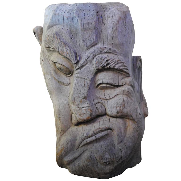 Large Hand-Carved Wood Face Sculpture For Sale at 1stDibs