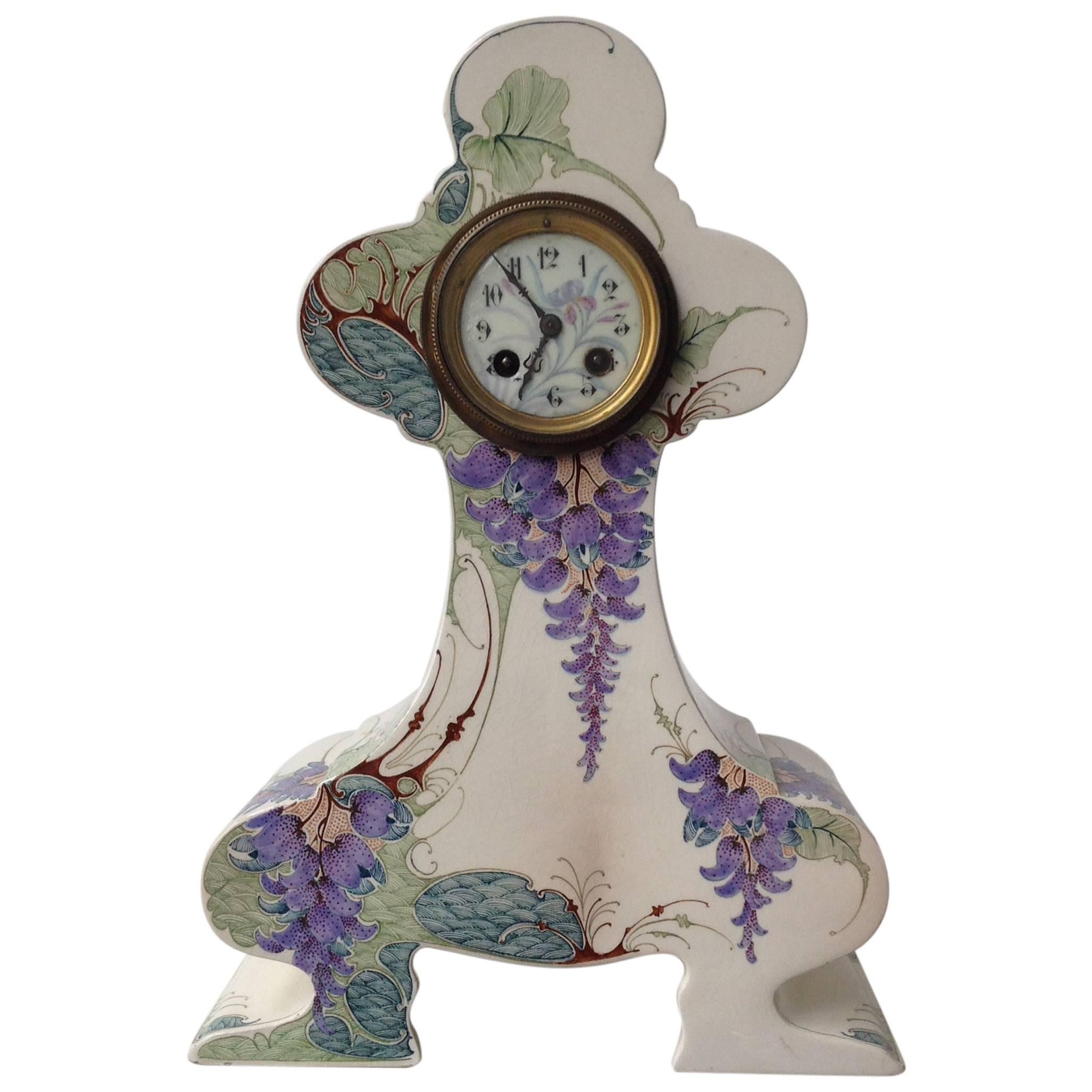 Art Nouveau clock, ceramic with a floral design, Gouda For Sale at 1stDibs