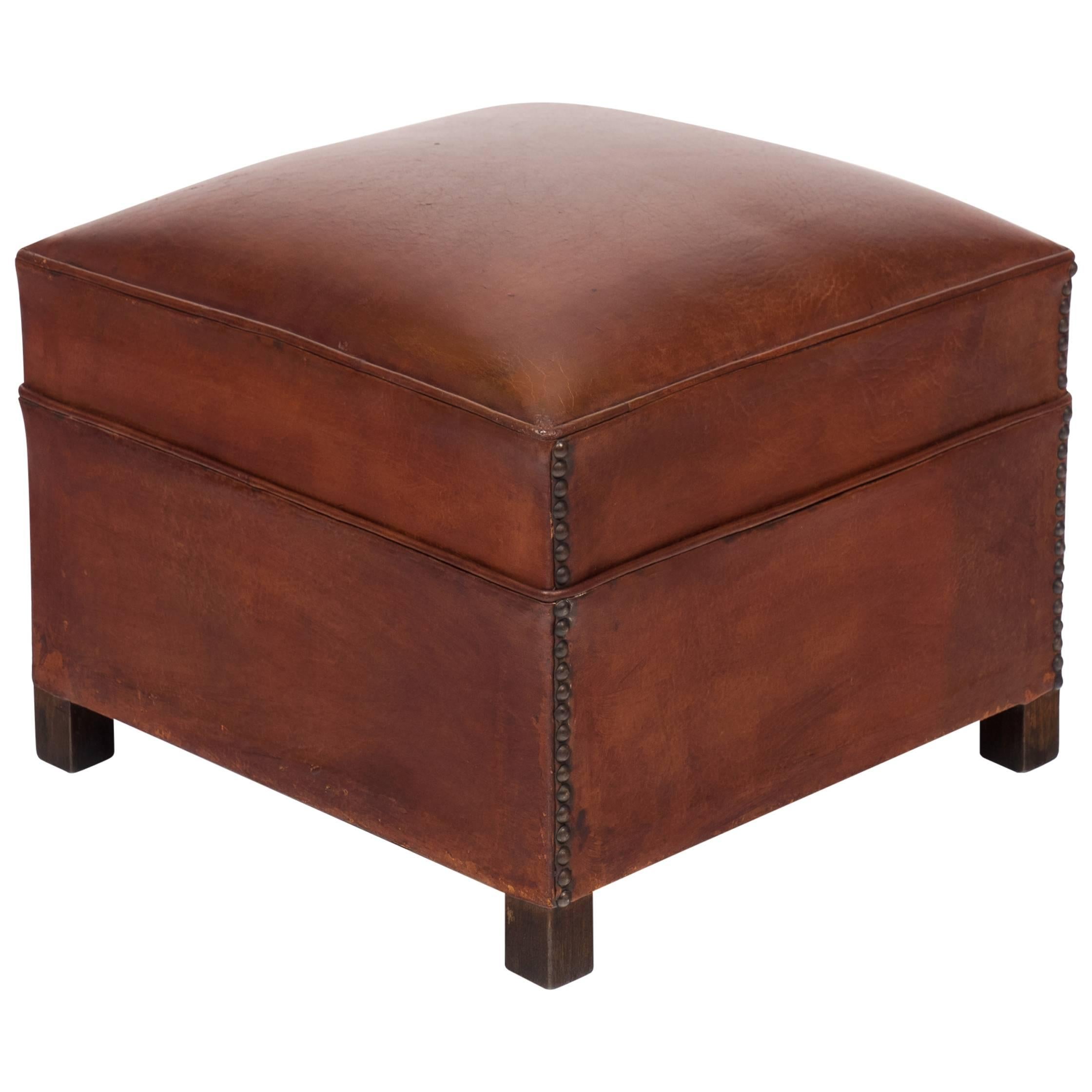 French Vintage Leather Ottoman at 1stDibs