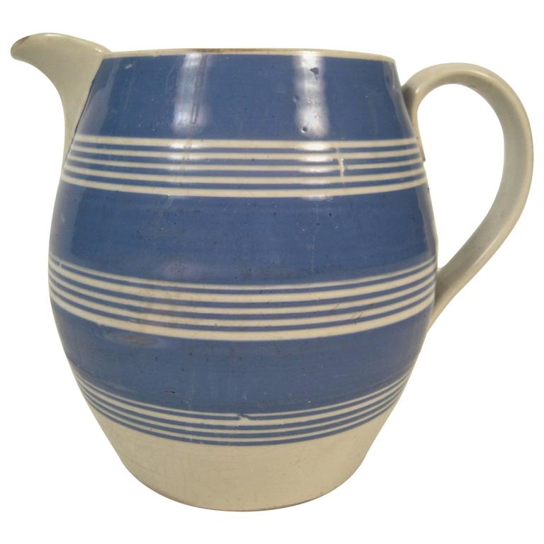 Large Blue and White Striped Mochaware Pitcher at 1stDibs