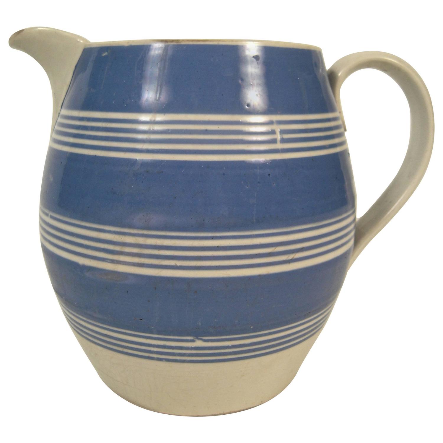 Large Blue and White Striped Mochaware Pitcher at 1stdibs