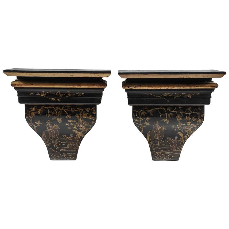 Pair of 20th Century Asian Black and Gold Painted Wall Brackets at 1stDibs