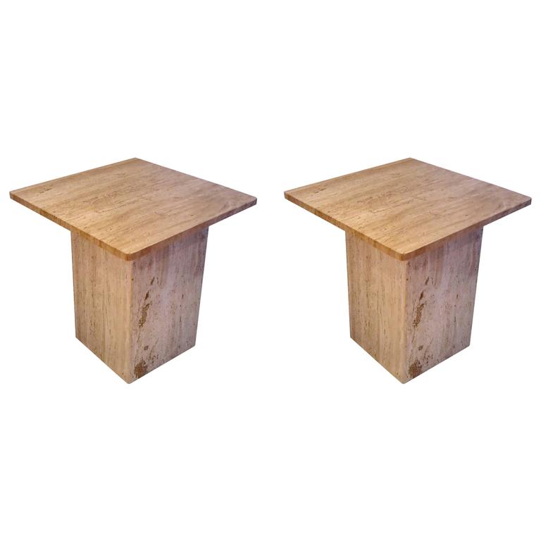 1970s Pair of Italian Marble Square End Tables on Pedestal Bases at 1stDibs