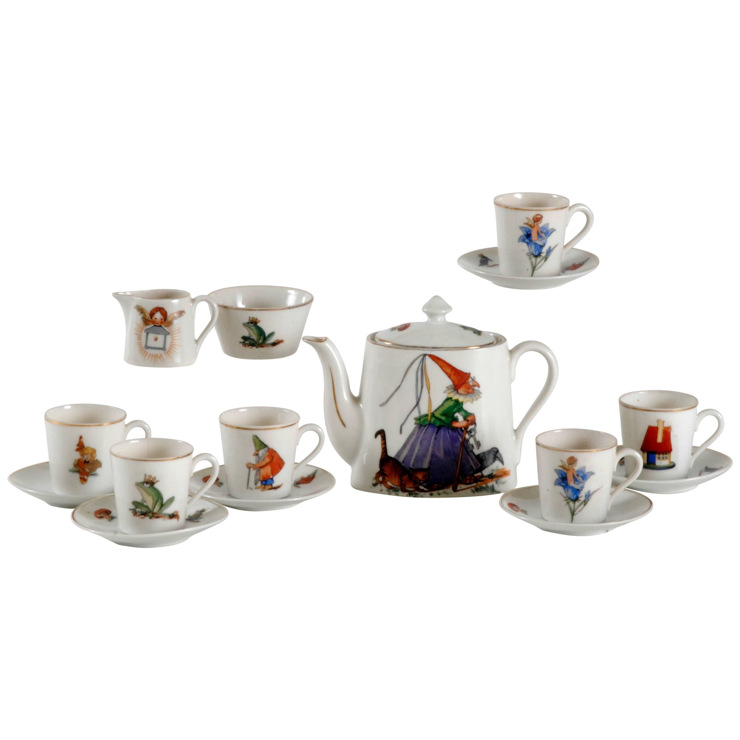 Midcentury Child's Porcelain Tea Set with Fairy-Tale Style Decoration ...
