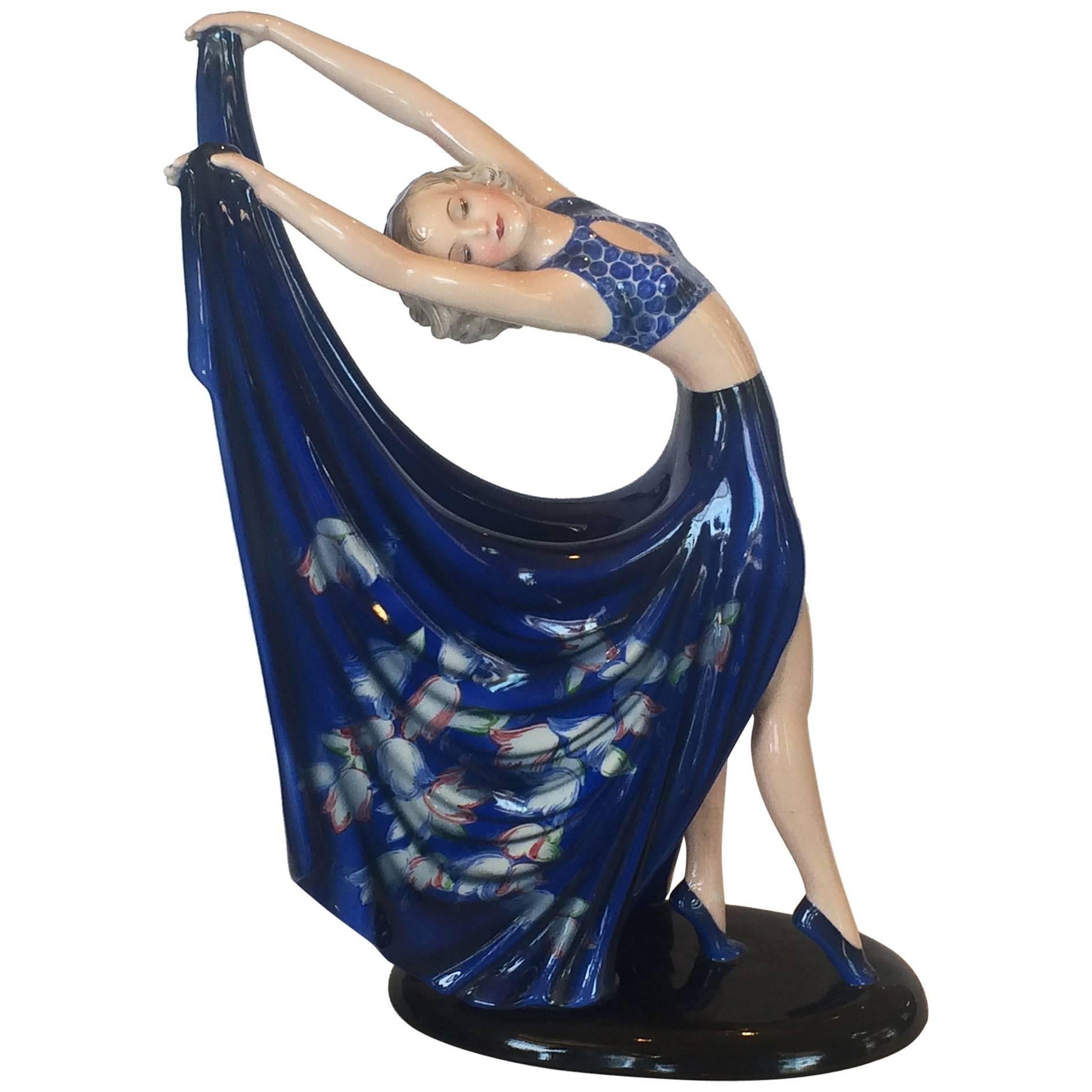 Beautiful Art Deco Goldscheider Statue of Dancing Lady with Blue Dress ...