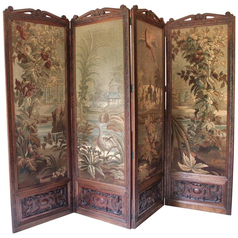 Carved Walnut Screen with Tapestry Inserts at 1stDibs