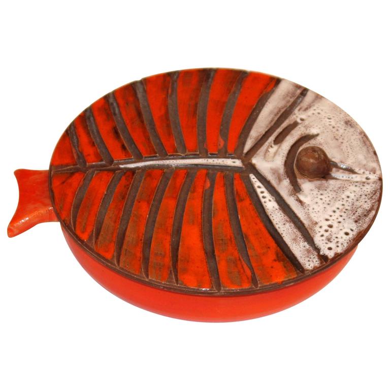 Vintage French Vallauris Pottery Flat Fish Covered Candy Dish at 1stDibs