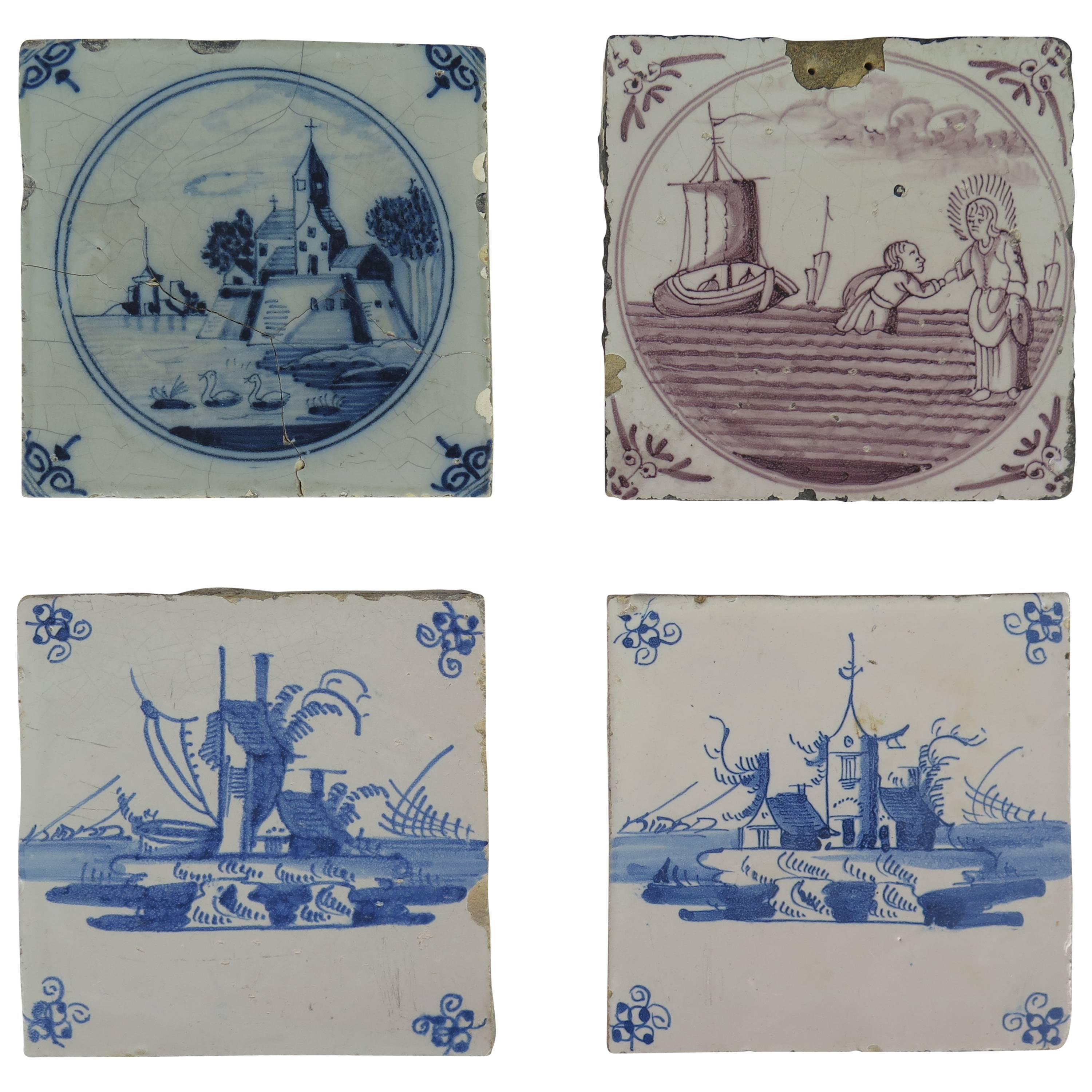 18th C, FOUR Dutch DELFT TILES, Three Blue and White, One Manganese ...