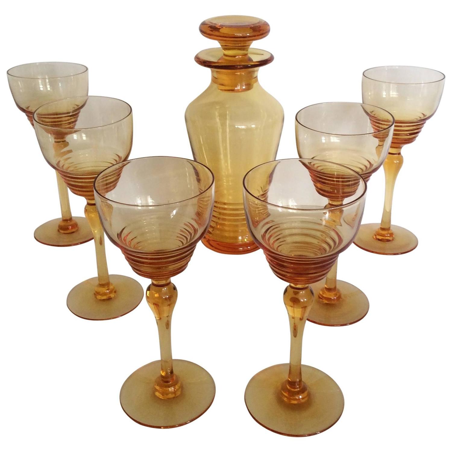 Stuart Crystal Art Deco Hock Glasses and Decanter For Sale at 1stdibs