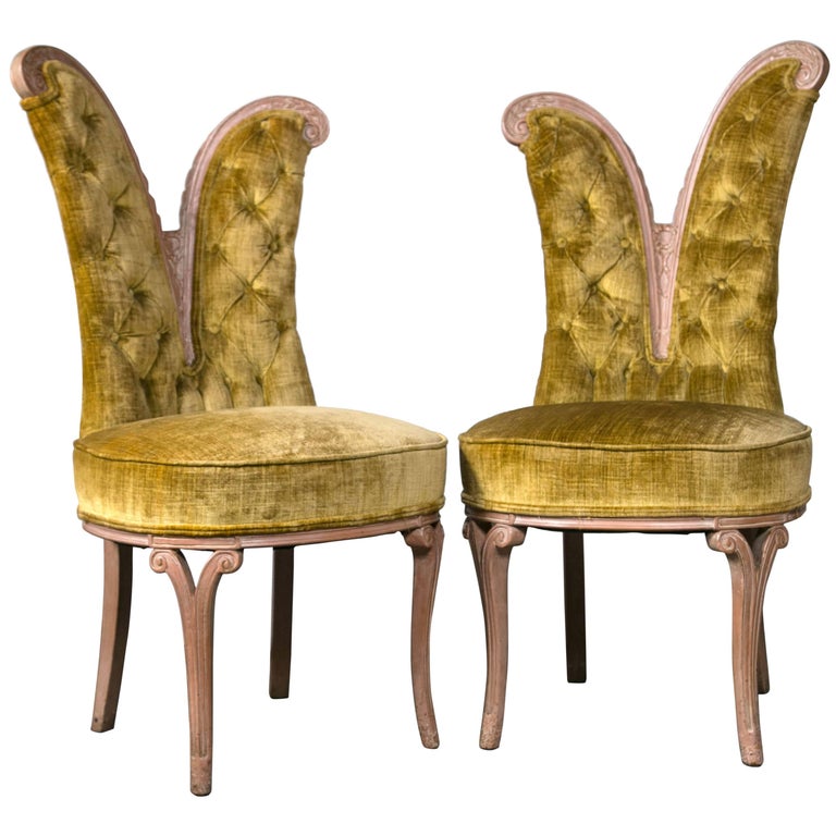 Pair of Art Deco Style Feather Decorated Side Chairs Tufted Back Curved ...