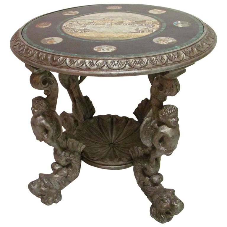 Antique Venetian Dolphin Base Scenic Micro Mosaic Table For Sale at 1stDibs
