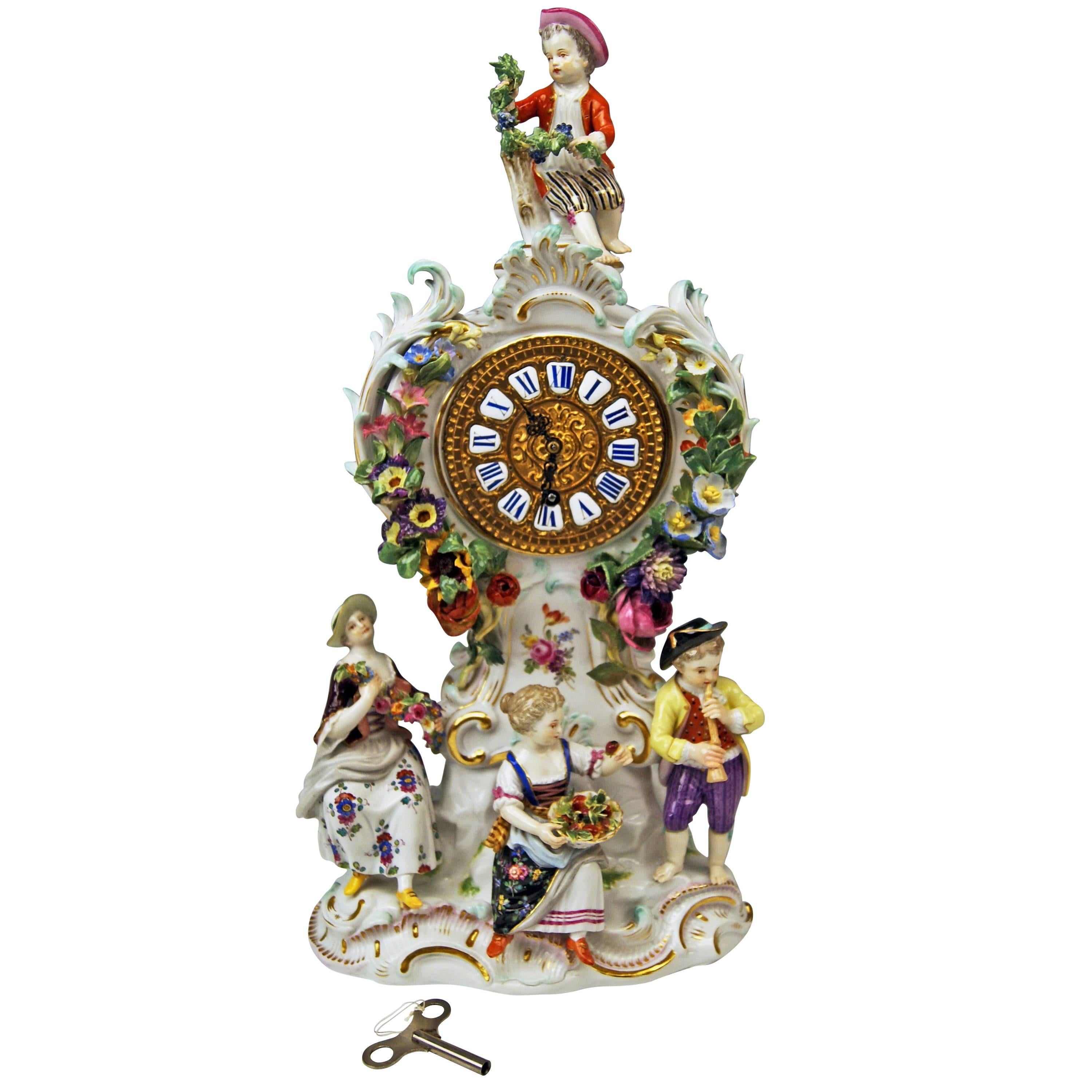 Meissen Gorgeous Mantle Table Clock Sculptured Figurines Flowers, circa ...