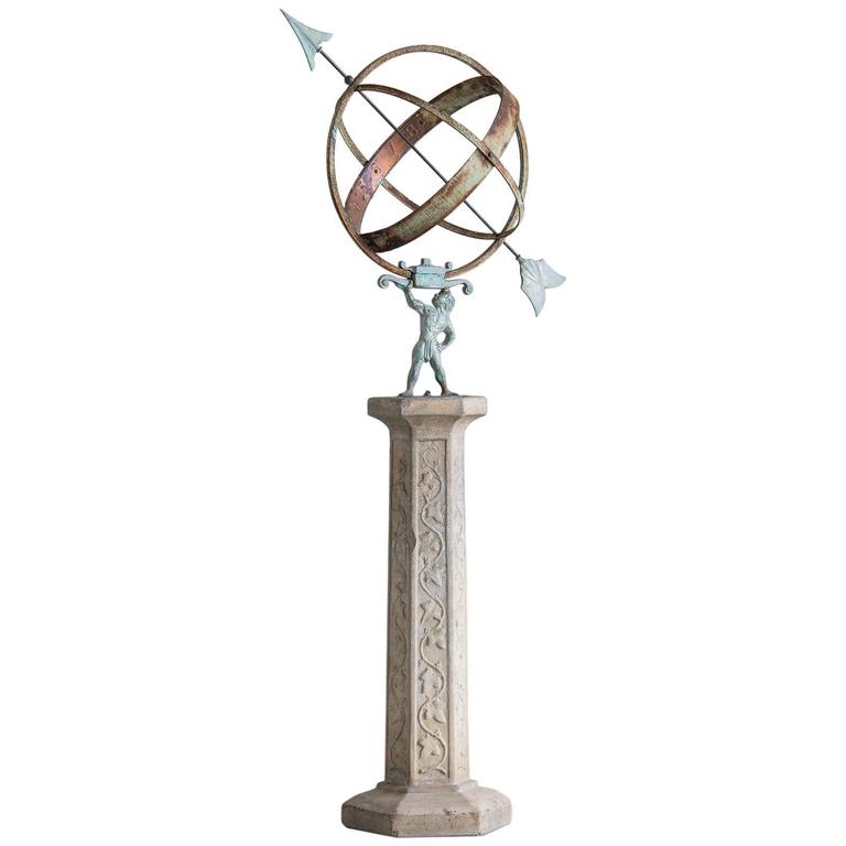 Tall Copper Armillary Sphere on Stone Column, France circa 1960 at 1stDibs