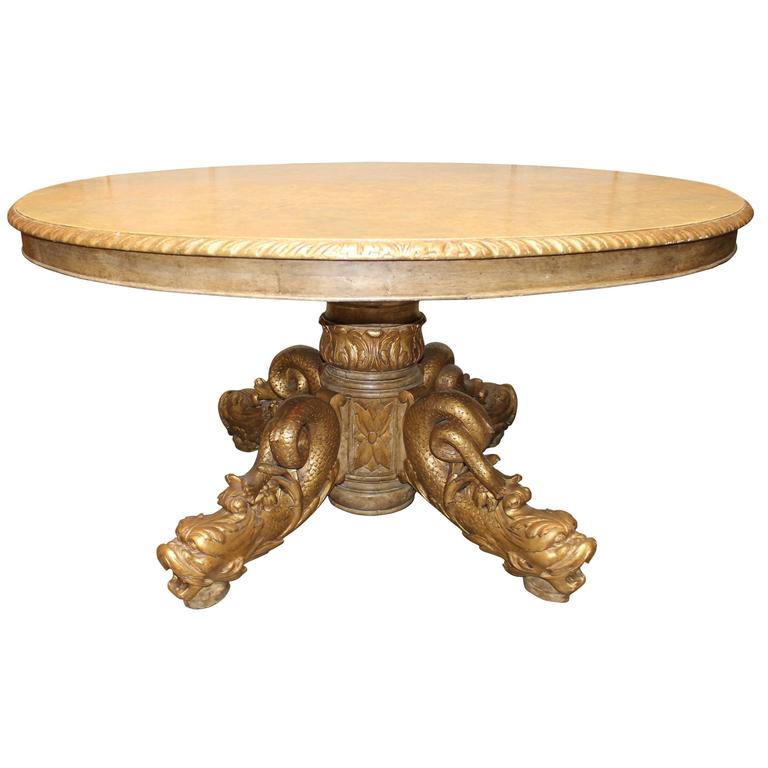 French Carved Wood Oval Table with Dauphin Legs in a Painted Finish For ...