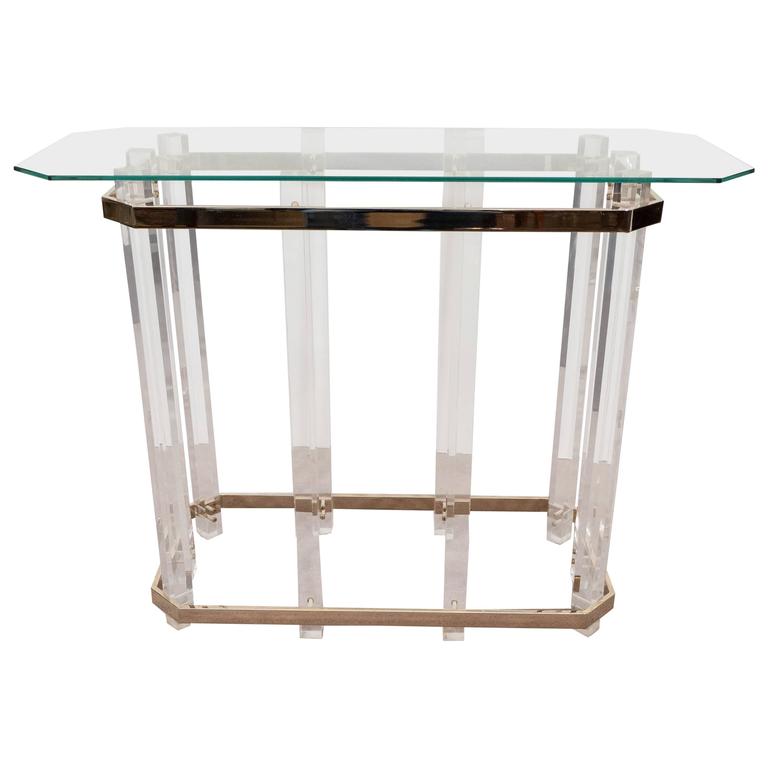 Charles Hollis Jones Glass Top Console Table on Lucite Base with Brass ...