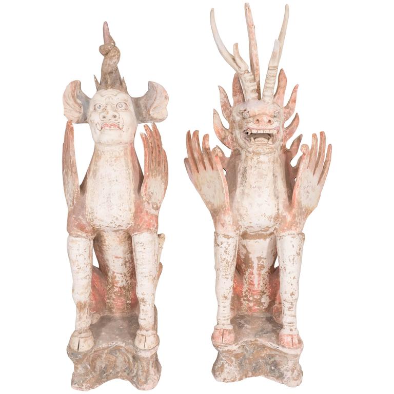 Pair of Tang Dynasty Pottery Tomb Sculptures of Earth Spirits at 1stdibs
