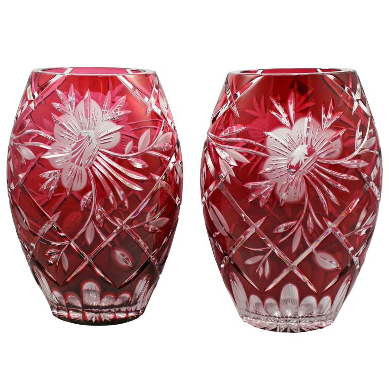 Pair of Ruby Cut Glass Overlay Crystal Ovoid Vases at 1stDibs