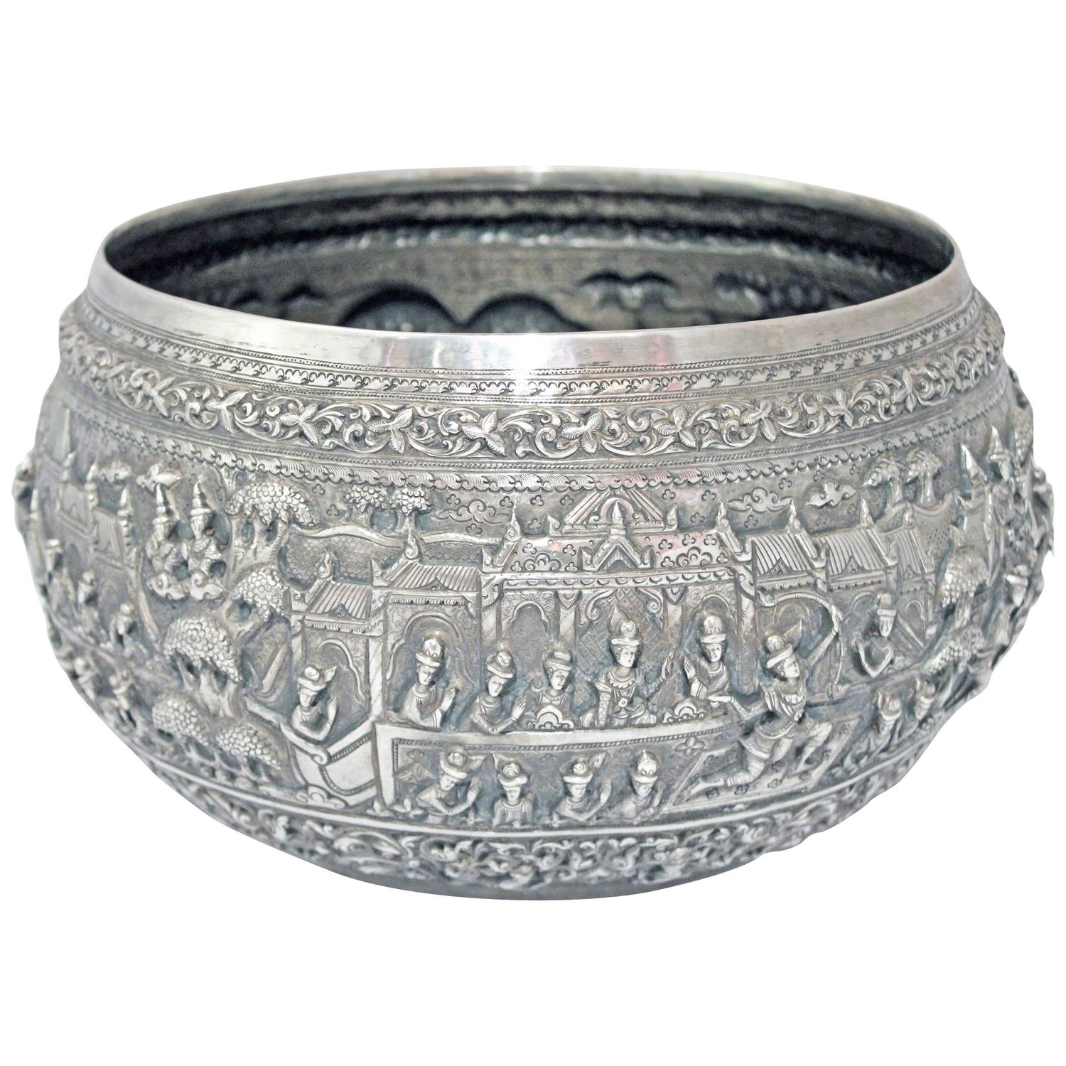 Solid Silver Hand-Worked Burmese Ceremonial Bowl, Jataka Scenes in ...