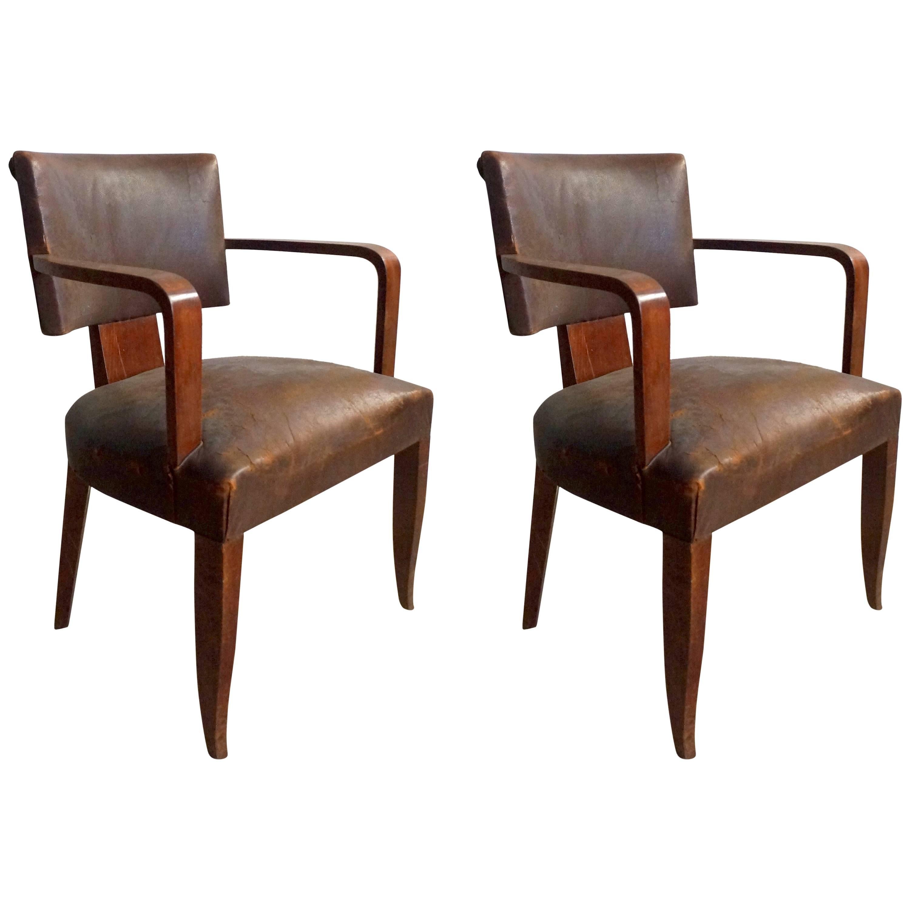 Pair of Art Deco Leather Bridge Armchairs at 1stDibs