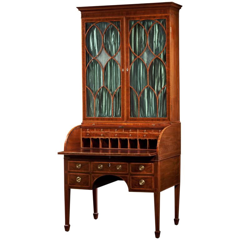 Important Federal Inlaid Mahogany Tambour Cylinder Secretary Bookcase ...