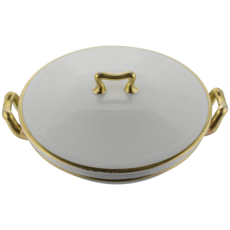 Porcelain Covered Serving Dish with Gilt Handles For Sale at 1stDibs