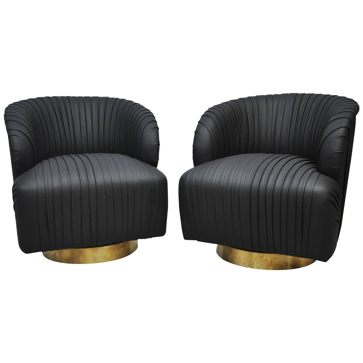 Pleated Leather and Brass Swivel Chairs at 1stdibs
