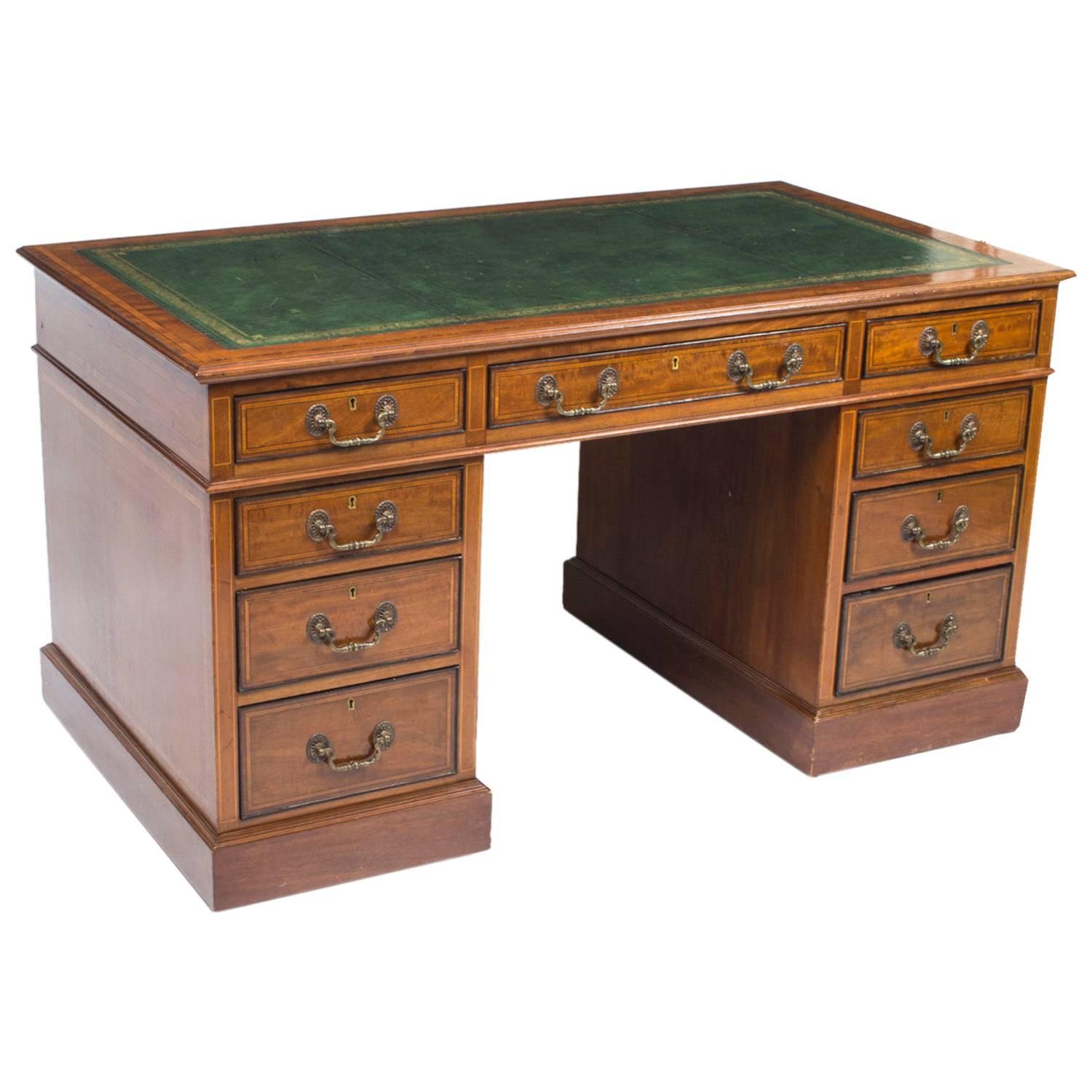 Antique Edwardian Inlaid Mahogany Pedestal Desk c.1900 at 1stDibs