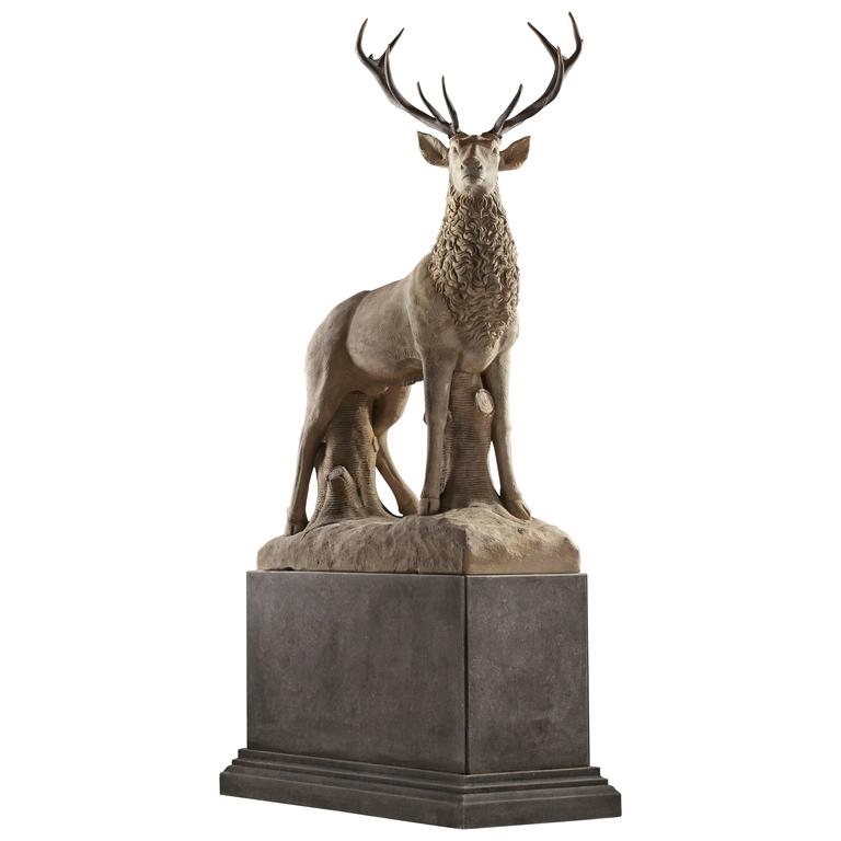 Large Sculpted Limestone and Antler Mounted Model of a Stag For Sale at ...