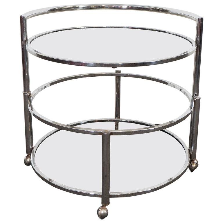 Midcentury Adjustable Round Occasional Table in Chrome and Smoked Glass ...