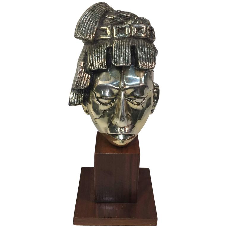 Abstract Silvered Bronze Aztec Warrior Bust For Sale at 1stDibs