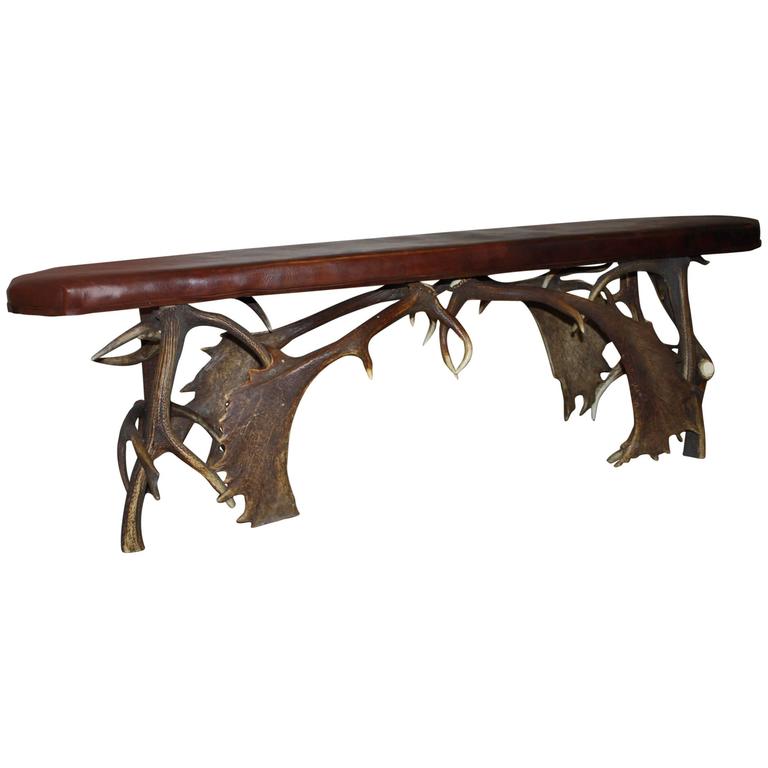 Fallow Deer Antler Bench with Leather Top at 1stDibs