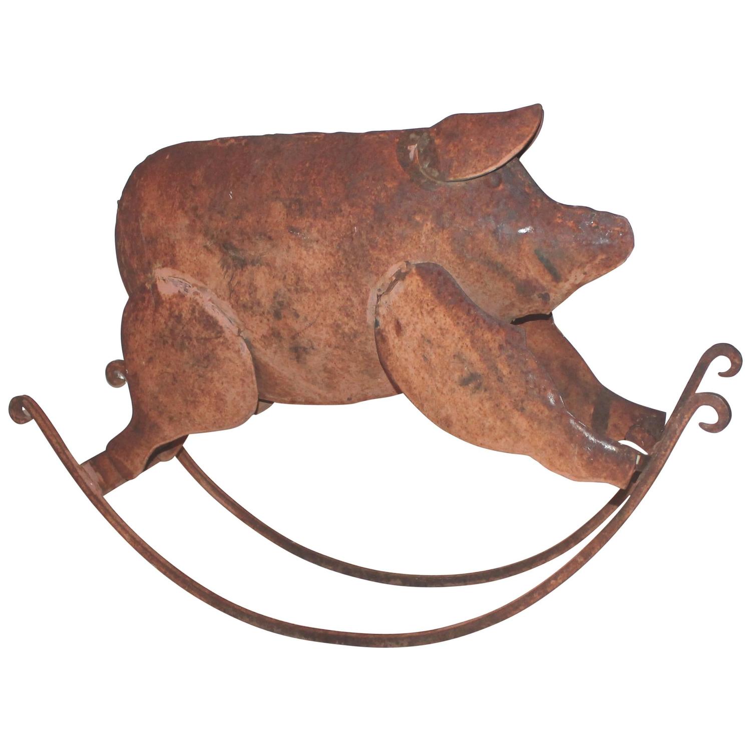 Rocking Painted Folk Art Pig Metal Sculpture For Sale at 1stdibs