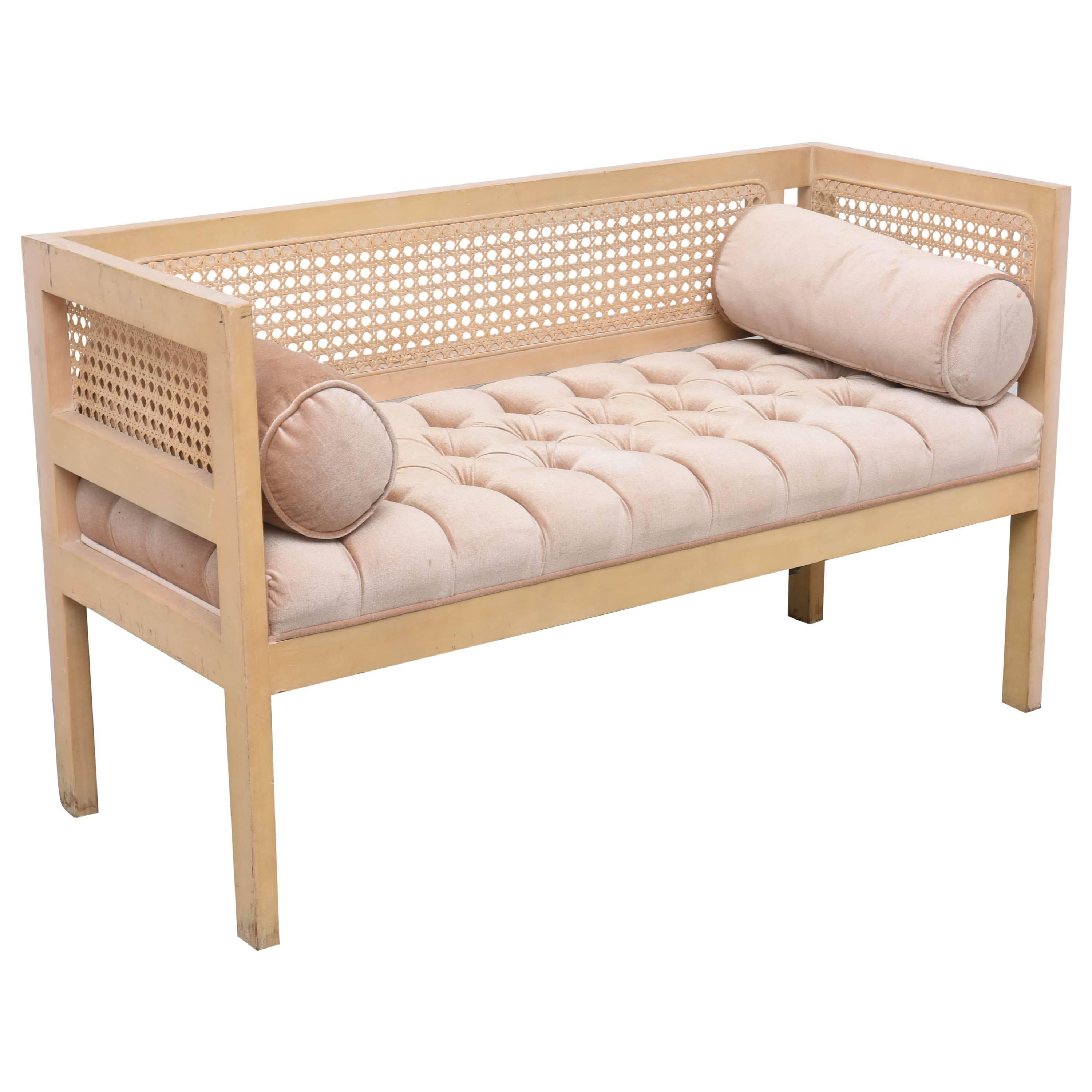 Cane Side Bench in Tufted Velvet, USA 1960s at 1stDibs
