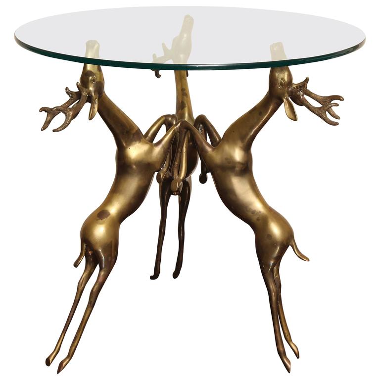 Glass-Top Coffee or Side Table, Base with Three Bronze Rearing Deer at ...