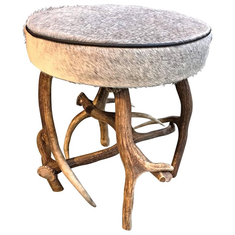 Antler stool with grey cowhide at 1stDibs