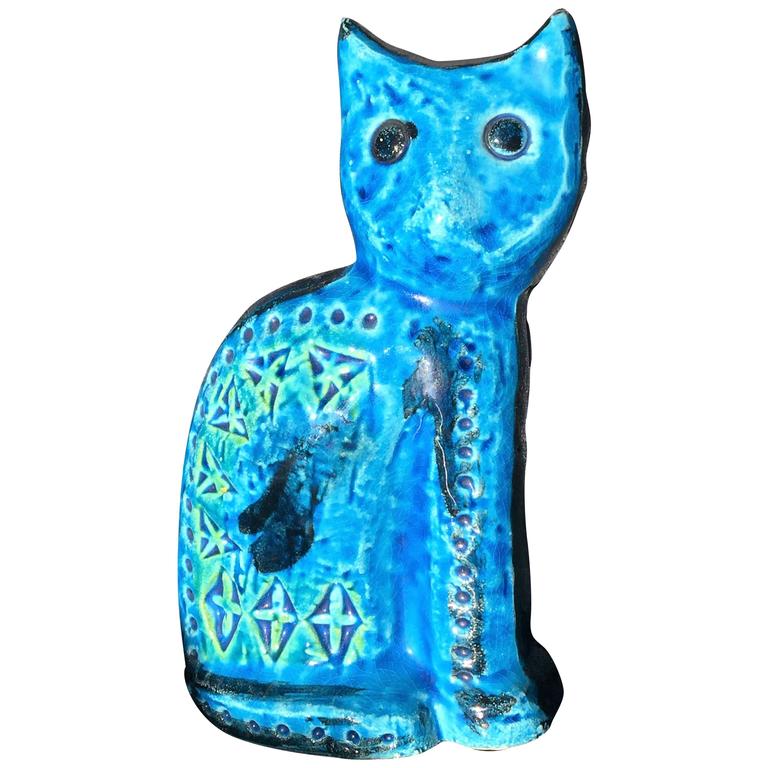 Bitossi Double Sided Blue Ceramic Cat For Sale at 1stDibs