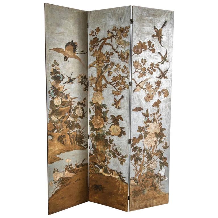 Hand-Painted Three-Panel Screen at 1stdibs