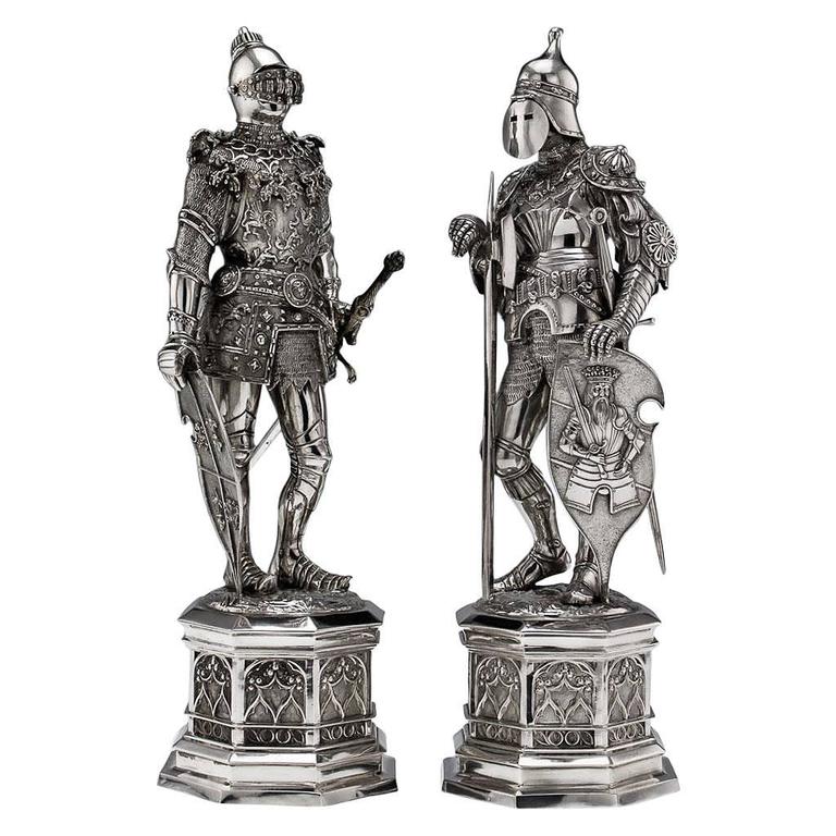 Antique German Solid Silver Pair of Massive Knight Figures, Hanau ...