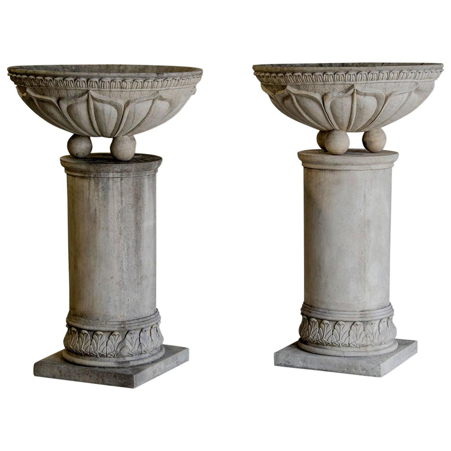 Pair of Vintage French Circular Basins Atop Columns, Relief Decoration ...