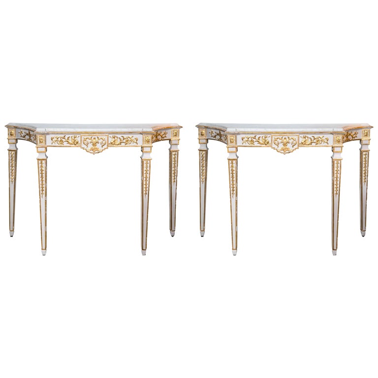 Console Tables Pair Parcel-Gilt and White Painted Italian Neoclassical ...