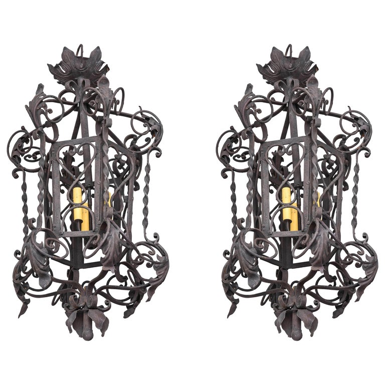 Large Scaled Pair Spanish Colonial Style Three-Light Wrought Iron ...