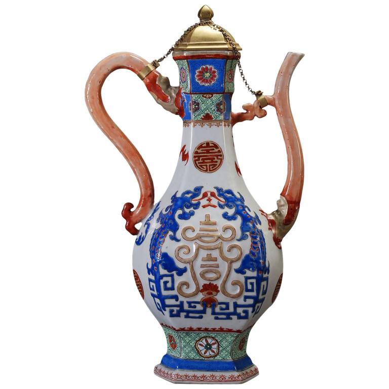 Enamelled Chinese Porcelain Ewer with Metal Cover For Sale at 1stDibs