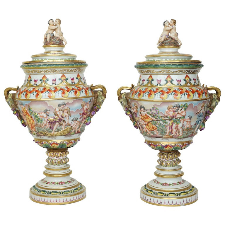 Pair of Porcelain and Bronze Capodimonte Figural Urns with Ram's Head ...