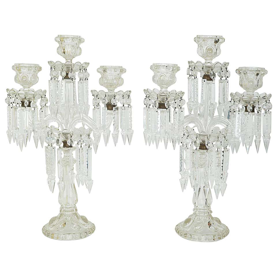 Pair Of Baccarat Style Three Light Glass Girondole Table Candelabras