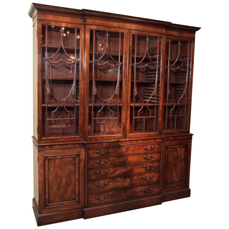 Antique English Mahogany Breakfront Bookcase, circa 1870-1880 at 1stDibs