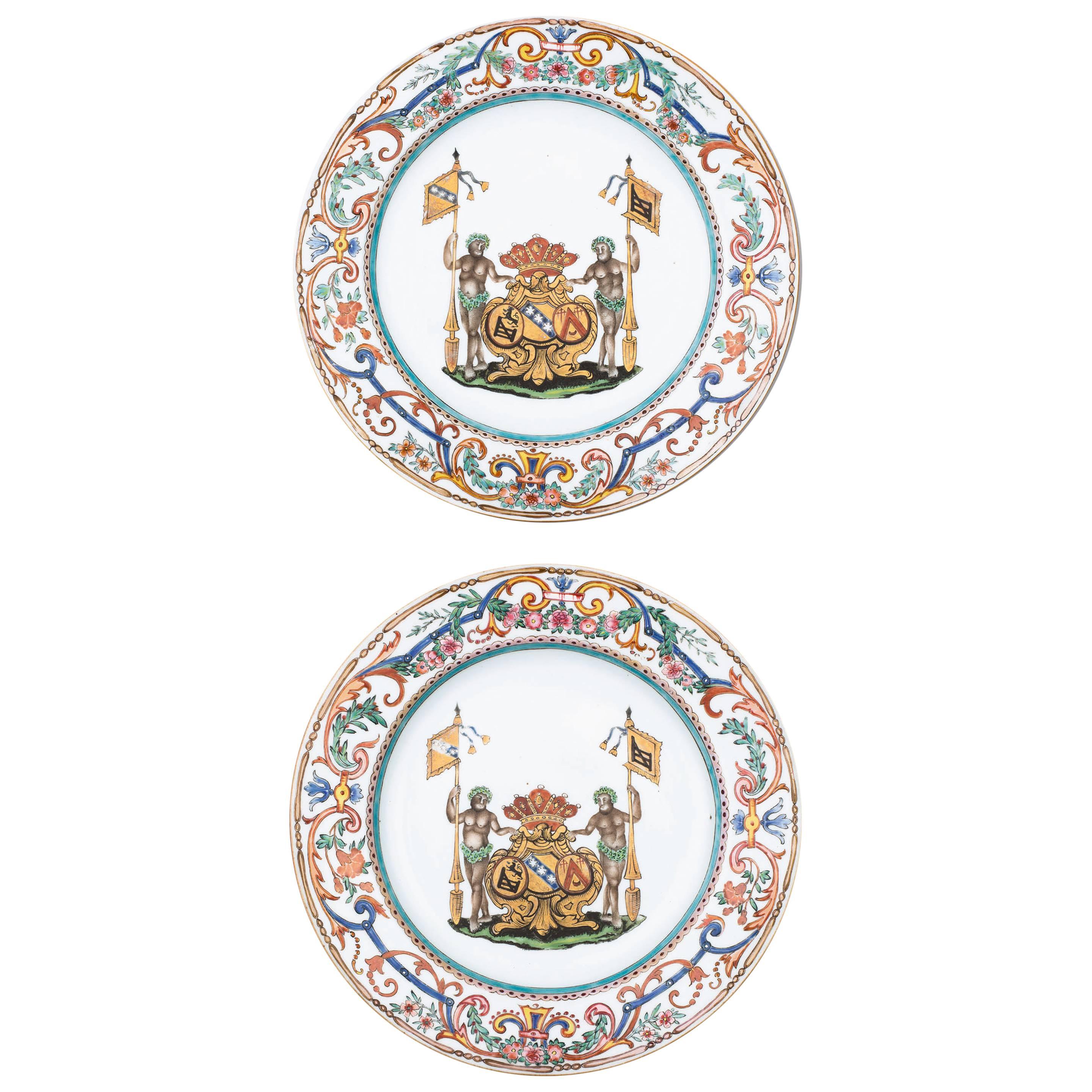 Pair of Chinese porcelain Flemish-armorial plates, 18th century at 1stDibs