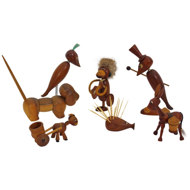 Scandinavian Modern Teak Wood Vintage Selection of Seven Animals, 1960s ...